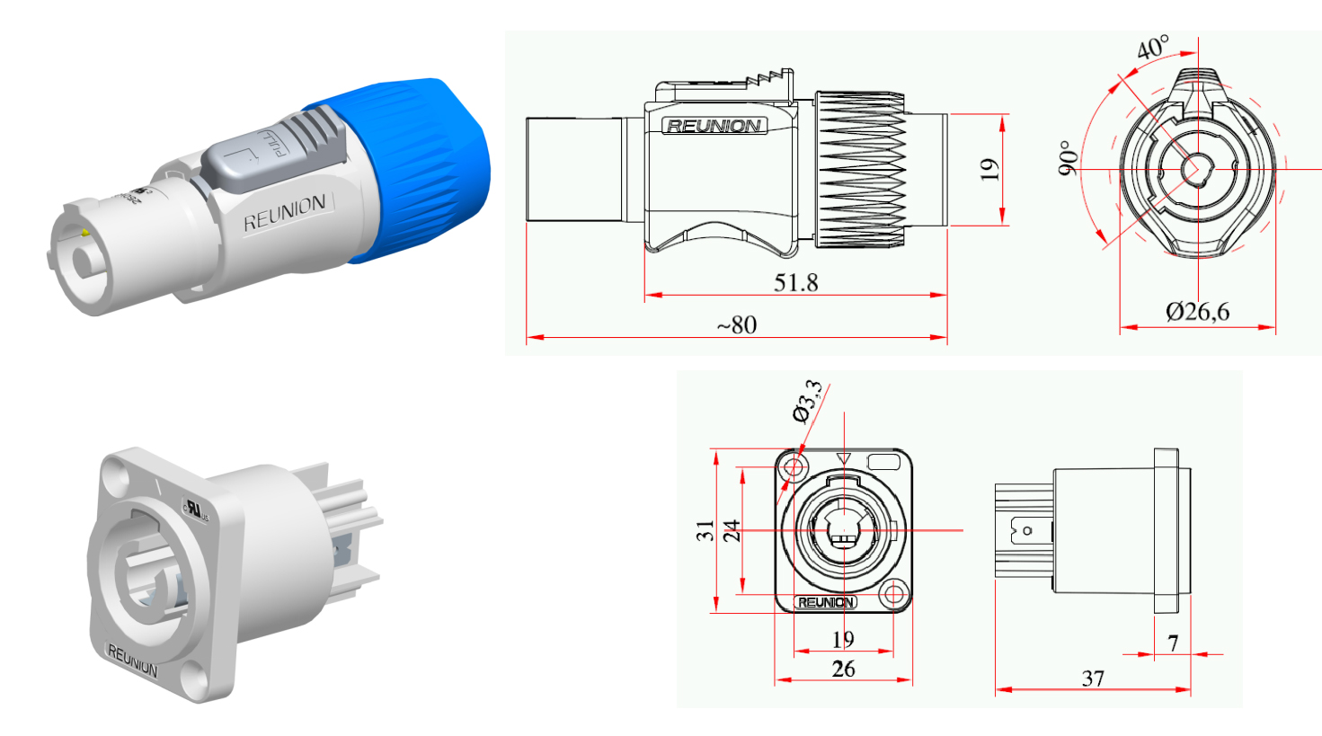 3 Pin power supply speaker audio female cable connector 30A Power inout ...