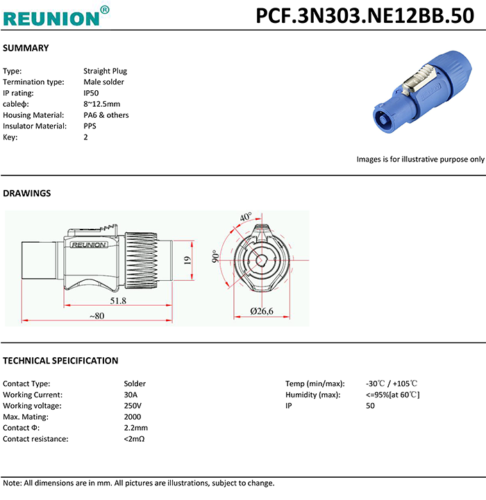 IP50 3pins High Quality power connector with UL94 V-0 aviation material ...